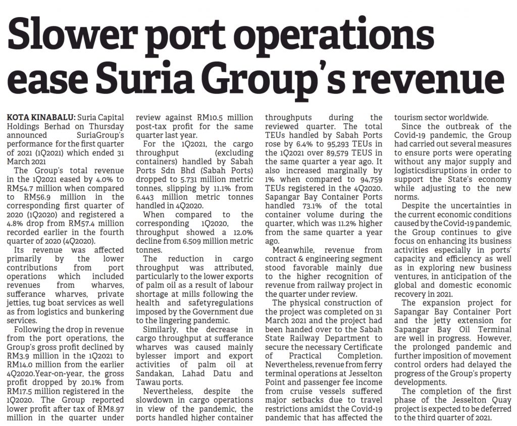 Slower Port Operations Ease SuriaGroup’s Revenue – Sabah Ports Sdn. Bhd.