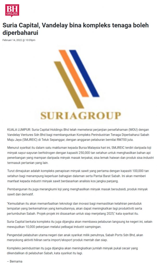 Suria Capital, Vandelay bina Kompleks Tenaga Boleh Diperbaharui – Sabah ...