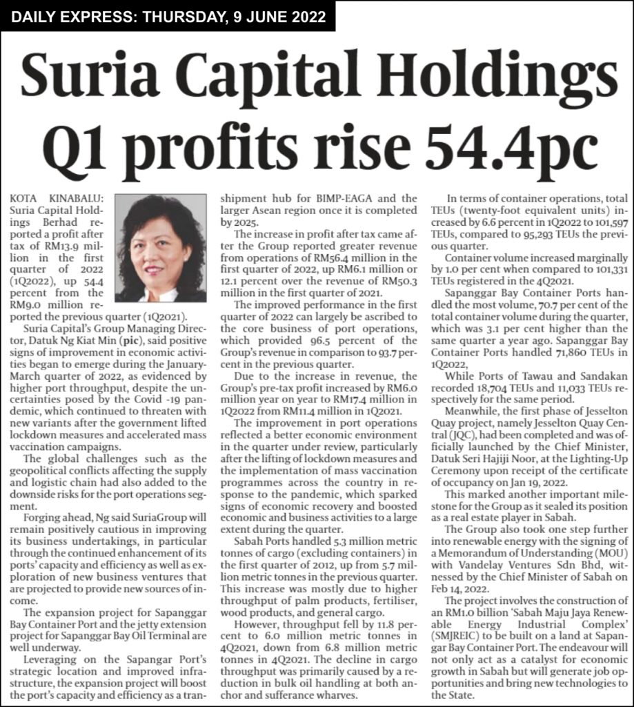 Suria Capital Holdings Q1 Profits Rise 54.4pc – Sabah Ports Sdn. Bhd.