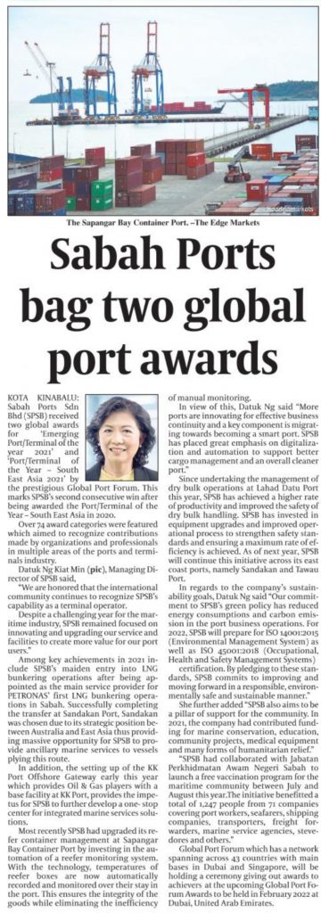 Sabah Ports Bag Two Global Ports Awards – Sabah Ports Sdn. Bhd.