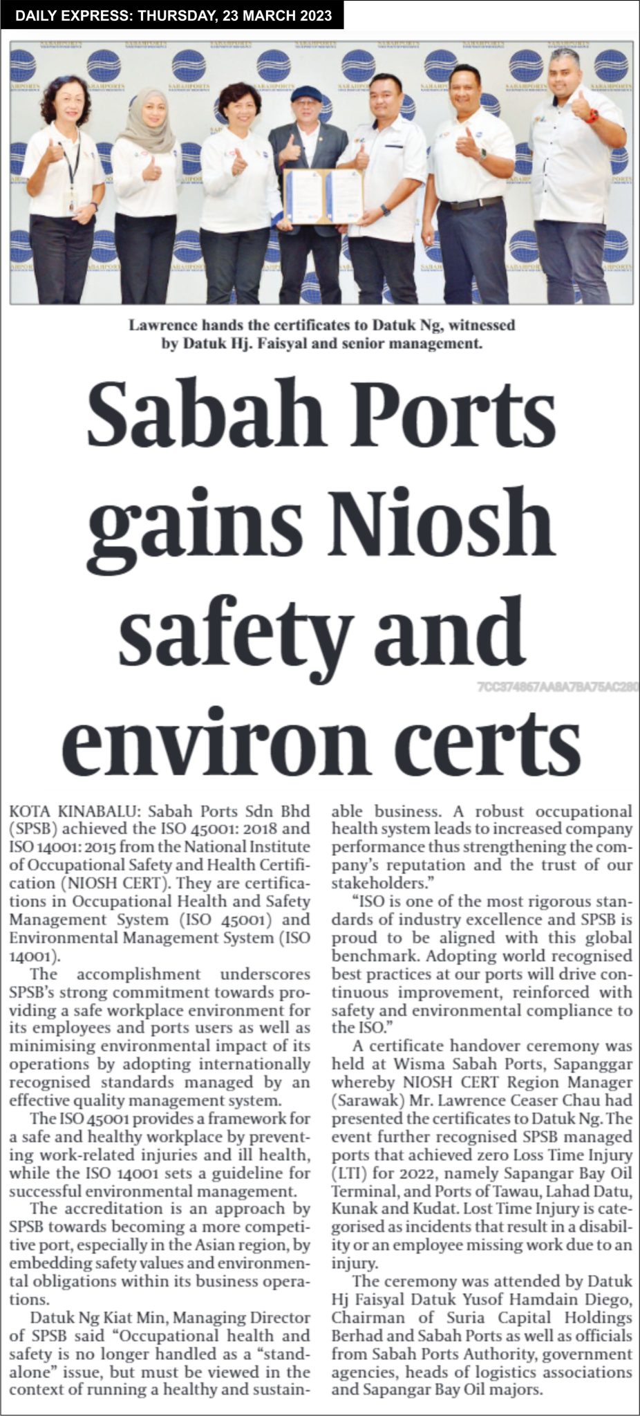 Sabah Ports gains Niosh safety and environ certs – Sabah Ports Sdn. Bhd.