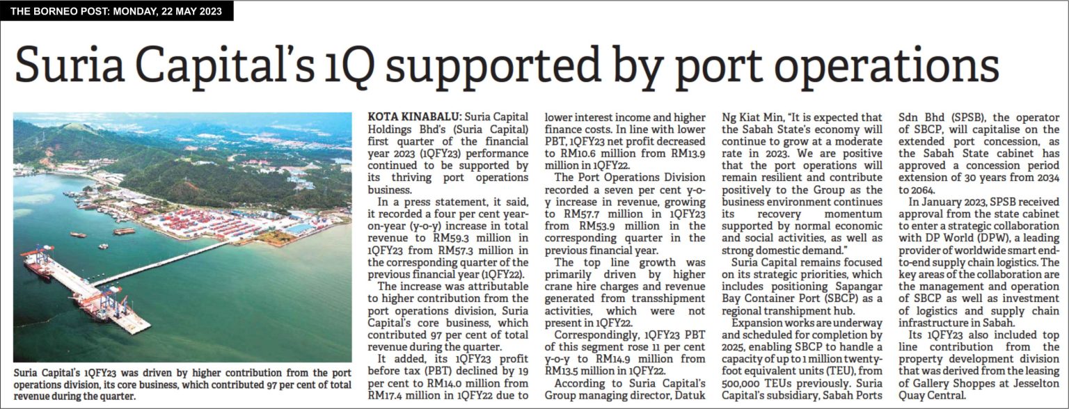 Suria Capital’s 1Q supported by port operations – Sabah Ports Sdn. Bhd.