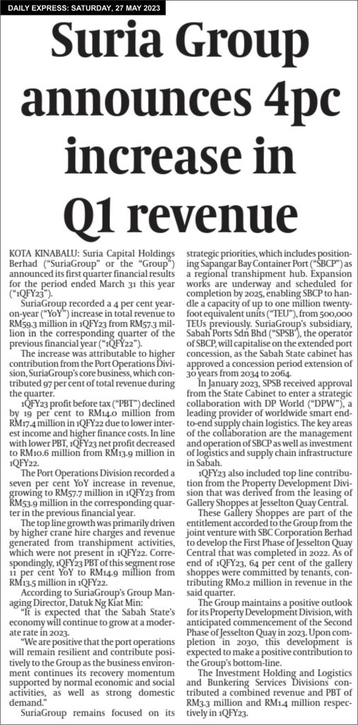 Suria Group announces 4pcs increase in Q1 revenue – Sabah Ports Sdn. Bhd.