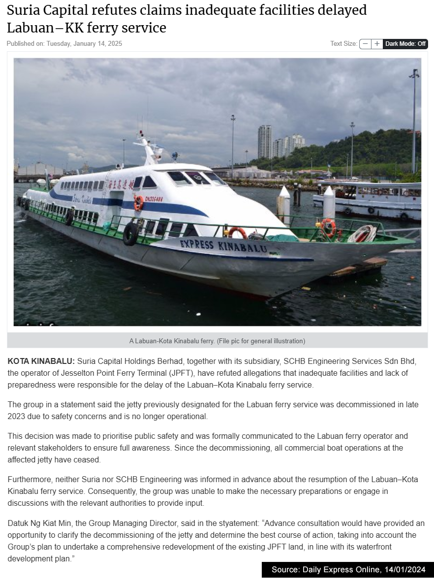 Suria Capital refutes claims inadequate facilities delayed Labuan–KK ...